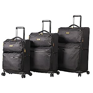LUCAS Designer Luggage Collection - 3 Piece Softside Expandable Ultra Lightweight Spinner Suitcase Set - Travel Set includes 20 Inch Carry On, 24 Inch & 28 Inch Checked Suitcases (Black)