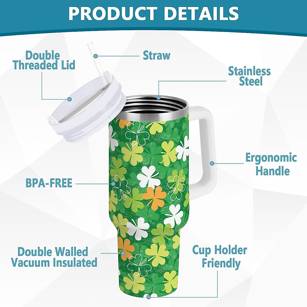 Bseiialft 40 oz Tumbler with Handle St Patrick's Day Shamrock Clovers Water Bottle with Lid and Straw Vacuum Insulated Cup Stainless Steel Travel Coffee Mug for Home Office Car