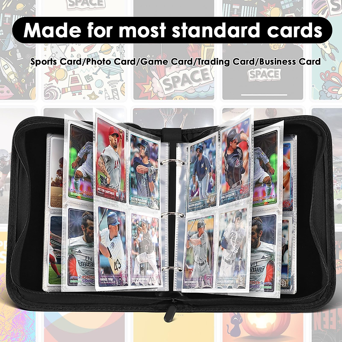 POKONBOY 400 Pockets Binder Sleeves Card Carrying Case Fit for Baseball Cards, Trading Cards, Football Cards and Sports Cards (Black)