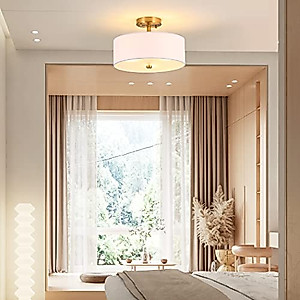 Ludil 3-Light Semi Flush Mount Ceiling Light Fixture, 13" Gold Drum Light Fixture, Modern Close to Ceiling Light with White Fabric Shade Lamps for Bedroom Living Dining Room Kitchen Hallway Entryway