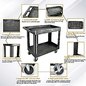 AQNIEGEP 2 Shelf Utility Cart Heavy Duty Rolling Cart with Brake Wheels Storage Service Cart w/Deep Shelves for Warehouse Workshop Cleaning Office Restaurant Commercial Moving 550lbs Capacity Black