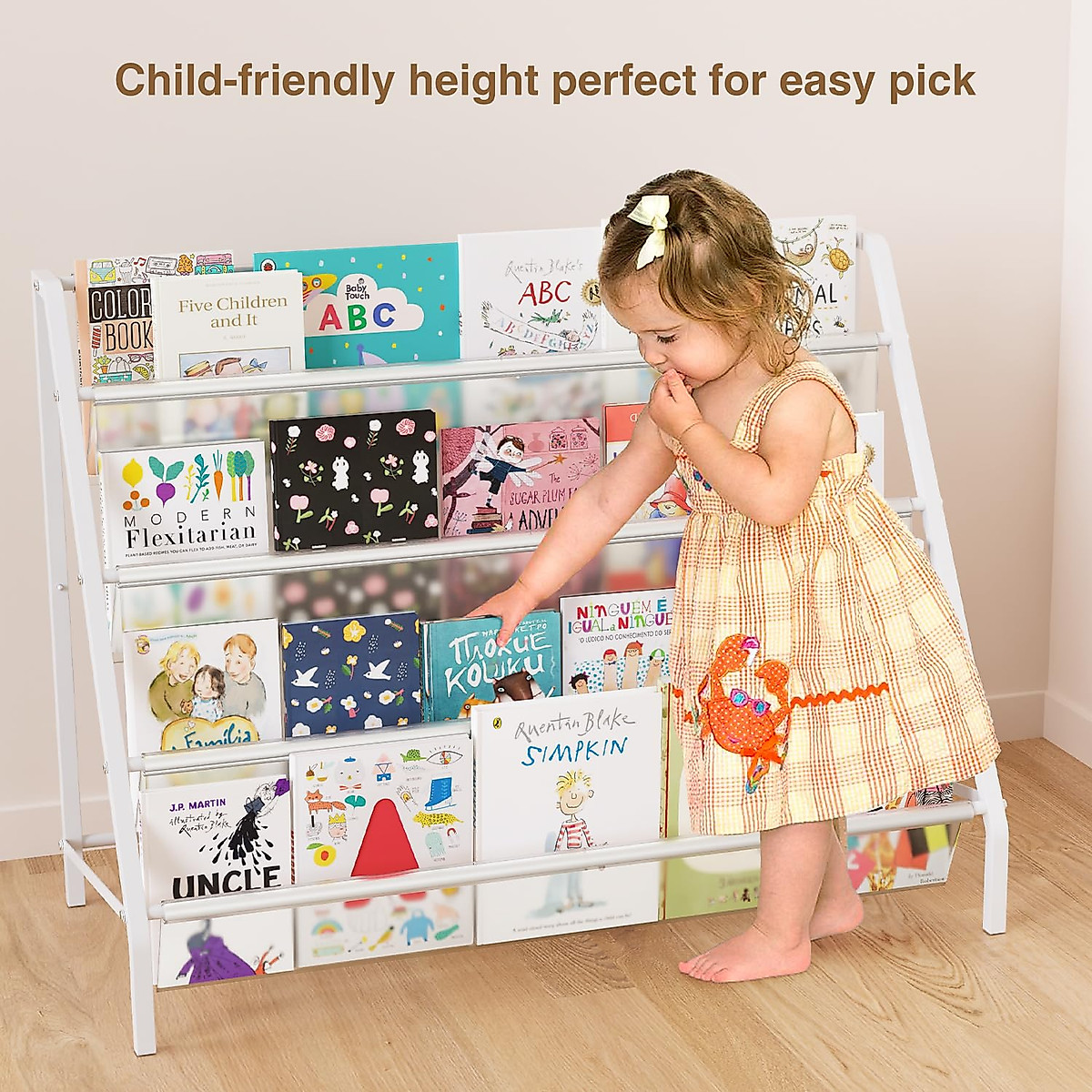 High-Transparent 4 Tier Kids Bookshelf, Sturdy Metal Large Size Book Rack Storage for Kids - Toddler Book Shelf Display for Nurasery, Playroom or Kids Room, Deep Size Bookshelf Hold More Books