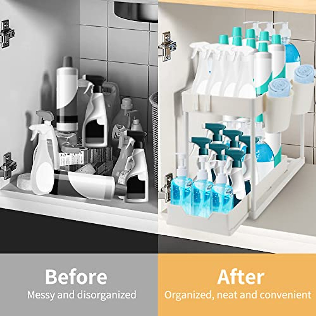 Amythe Bathroom Cabinet Organizer, 2-Tier Under Sink Organizers and Storage, Under Sliding Cabinet Basket Organizer with Hooks, Multi-purpose Under Sink Shelf Organizer for Bathroom Kitchen
