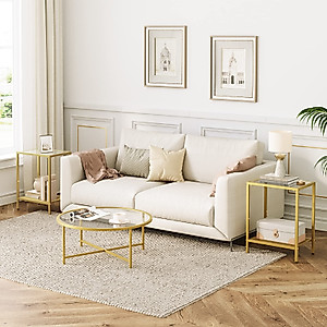 MAHANCRIS End Tables Set of 2, Side Table with Tempered Glass Top, Narrow Beside Table for Small Space, 2-Tier Nightstand with Storage Shelf, for Sofa Couch and Bed, Easy Assembly, Gold ETJ24B01S2Z1