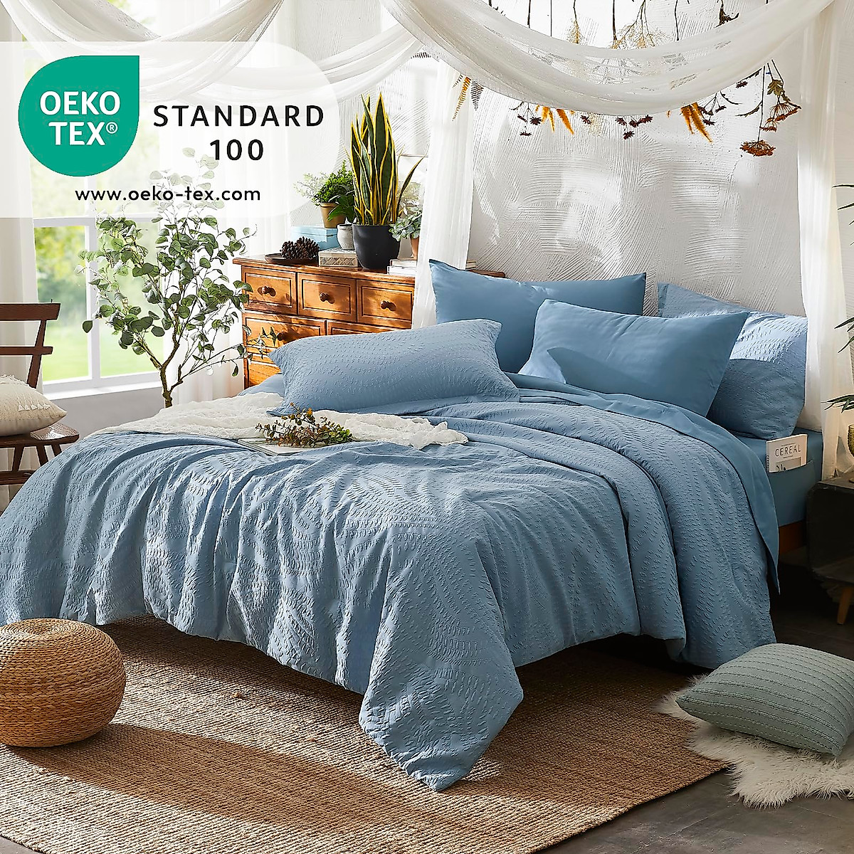 Geniospin King Comforter Set, Bed in a Bag Blue 7-Pieces, Botanical Pattern, All Season Comfortable Seersucker Bedding with Comforter, Sheets, Pillowcase & Shams (King, 102"x90")