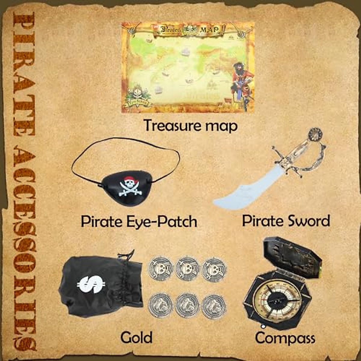 Lingway Toys Kids Pirate Costume,Pirate Role Play Dress Up Completed 8pcs Set for Kids 5-6years