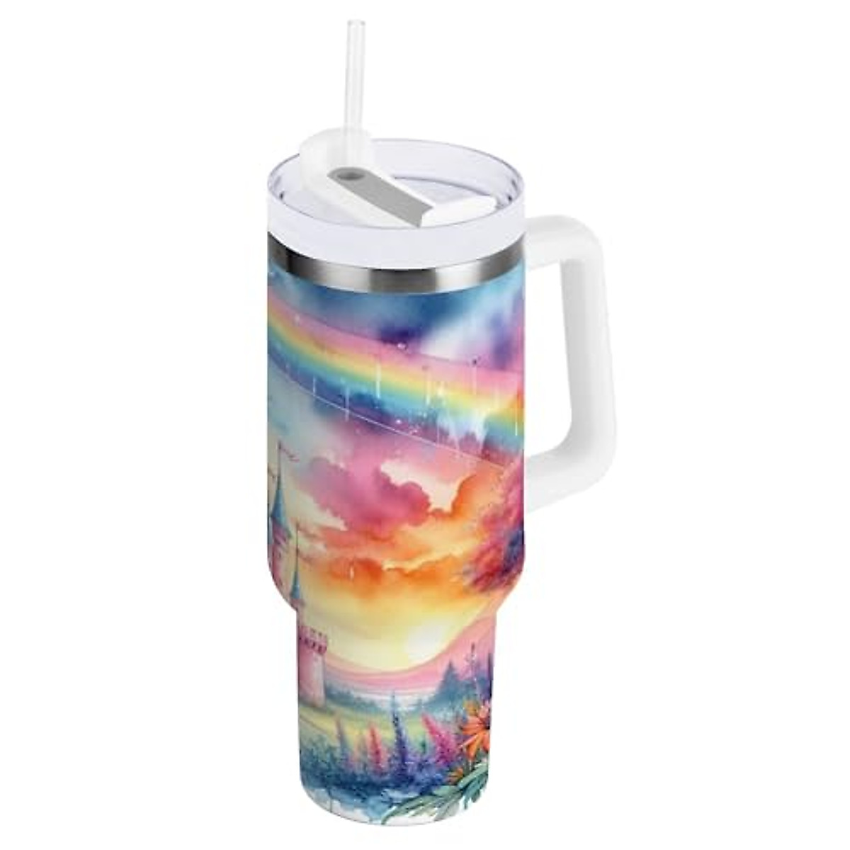 Jihqo Watercolor Fairy Castle 40 oz Stainless Steel Vacuum Insulated Tumbler with Handle and Straw Lid, Leakproof Water Bottle Double Wall Travel Mug Coffee Cup, Cupholder Friendly