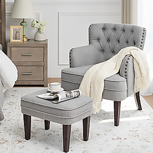 Accent Chair with Ottoman, Living Room Chair, Footrest Set Vintage Brass Studs, Button Tufted Upholstered Armchair for Room, Comfy Reading Bedroom, Reception (Grey)