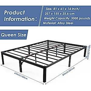 Devo Queen Bed Frame 14 Inch Heavy Duty Metal Platform Beds No Box Spring Needed with Sturdy Steal Slats Mattress Foundation Support Up to 3000 lbs, Easy Assembly, Noise Free,81x61inch, Black