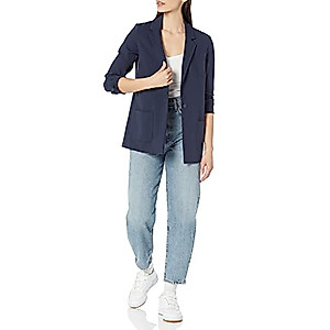 Amazon Essentials Women's Relaxed-Fit Soft Ponte Blazer, Navy, Large