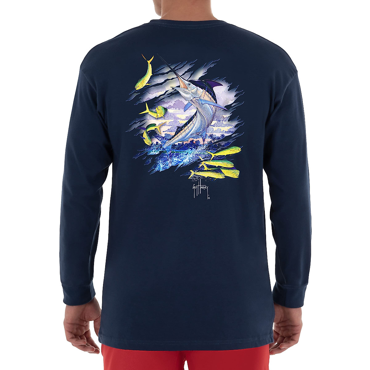 Guy Harvey Men's Ripped Long Sleeve T-Shirt, Estate Blue/Ripped, X-Large