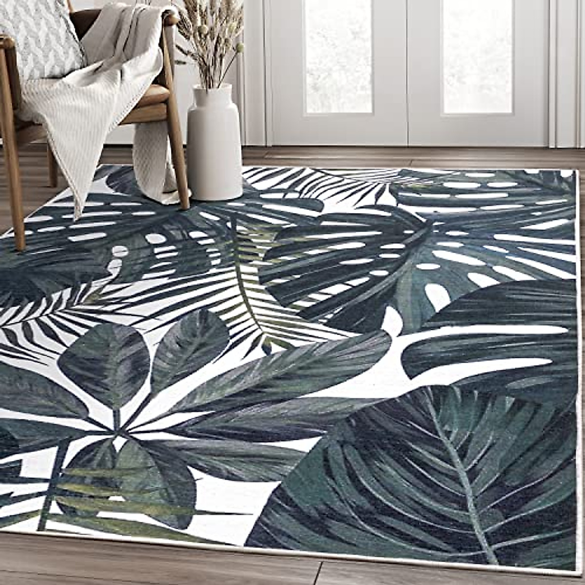 Abani 4' x 6' Rectangular Area Rugs - Machine Washable, Cream Green Leaf Contemporary Style Large Rugs, Polypropylene, Stain Resistant and Non-Shedding