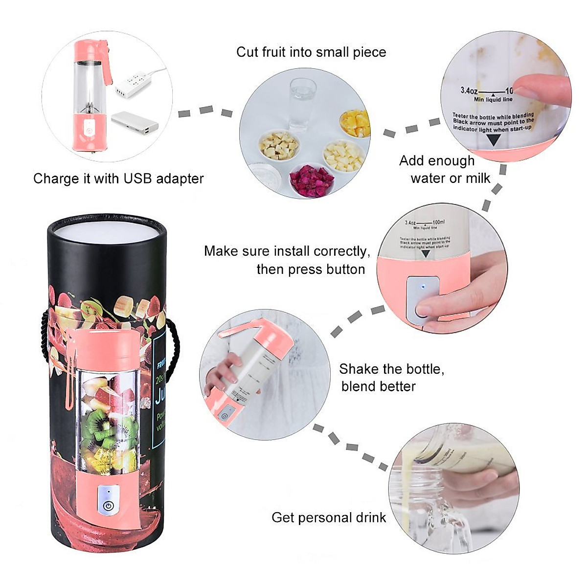 Portable Blender, Toycol Personal Size Blender for Shakes and Smoothies with 6 Ultra Sharp Blades,13.5Oz Mini Blender USB Rechargeable for Travel/Picnic/Office/Gym/Father's Day gift