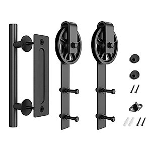 SMARTSTANDARD Sliding Barn Door Hardware Hangers 2pcs with Heavy Duty 12" Pull and Flush Barn Door Handle 1pc (Black) (Big Wheel Hangers)
