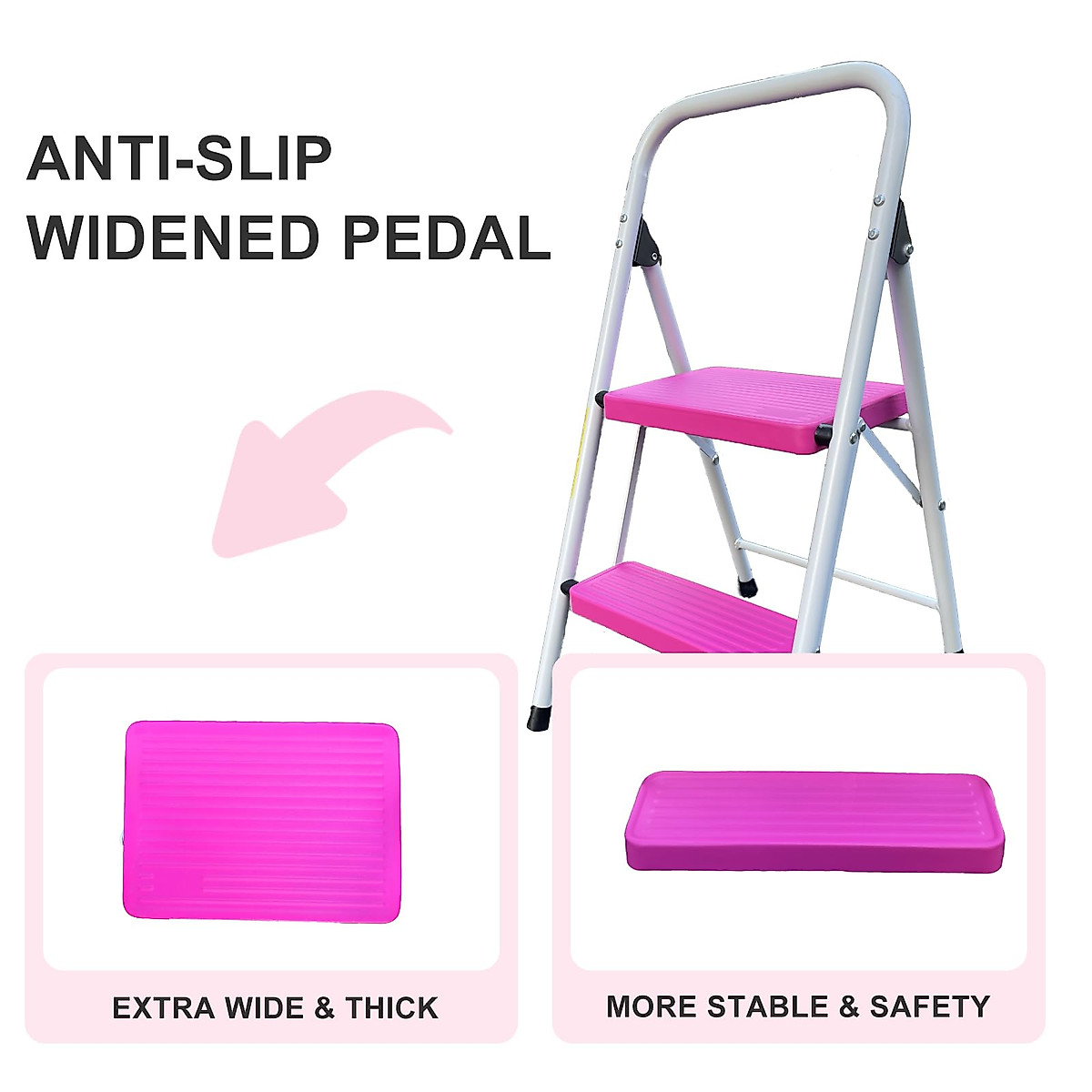 Step Ladder Folding 2 Step Stool Adult with Wide & Anti-Slip Pedals Ergonomic Portable Steel Ladder for Household, Kitchen, Office 330LBS (Pink, 2 Step)