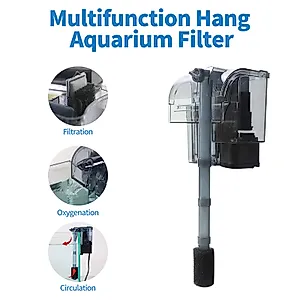 Rimless Aquarium Hang On Filter - 3 in 1 External Power Waterfall Suspension Oxygen Pump - Submersible Hanging Activated Carbon Biochemical Wall Mounted Fish Tank Filtration Water
