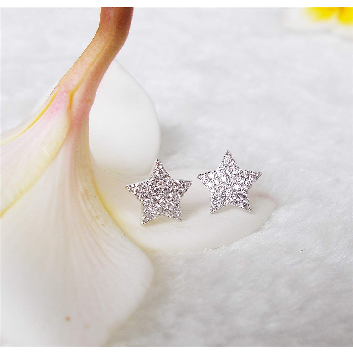 Hiqmic 925 Sterling Silver Fashion Star Rhinestone Ear Stud Earrings Piercing White Gold Plated Jewelry - Silver