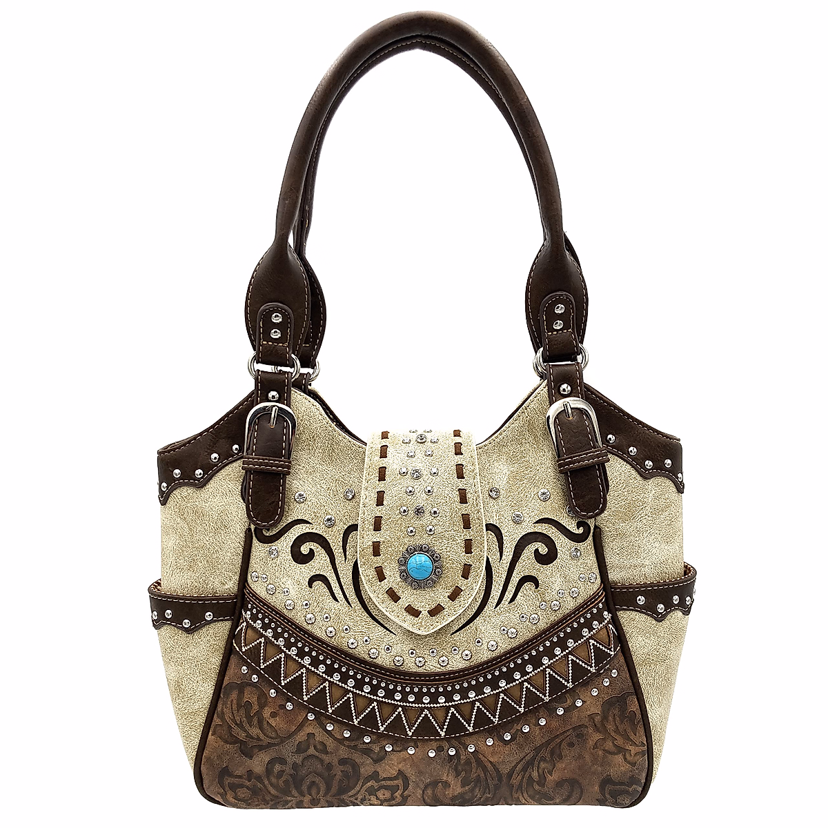 Justin West Tooled Leather Laser Cut Rhinestone Concho Studded Shoulder Concealed Carry Tote Style Handbag Purse Wallet (Beige Handbag and Wallet)