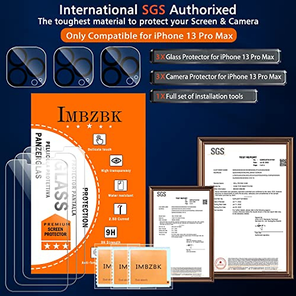 IMBZBK [3+3 Pack] for iPhone 13 Pro Max Screen Protector 3 pack HD Tempered Glass Accessories with 3 pack Camera Lens Protector Case Friendly 9H Hardness Bubble Free Protector de Pantalla