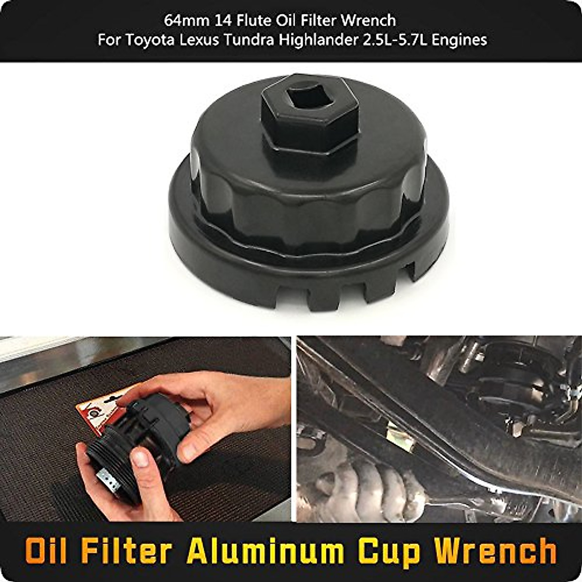 Oil Filter Cap Removal Tool Aluminum Cup Wrench 64mm 14 Flute for Toyota Lexus Scion 2.5L to 5.7L Engines with Cartridge Style Oil Filter Housings Fits Camry, RAV4, Highlander, Sienna, Tundra and More