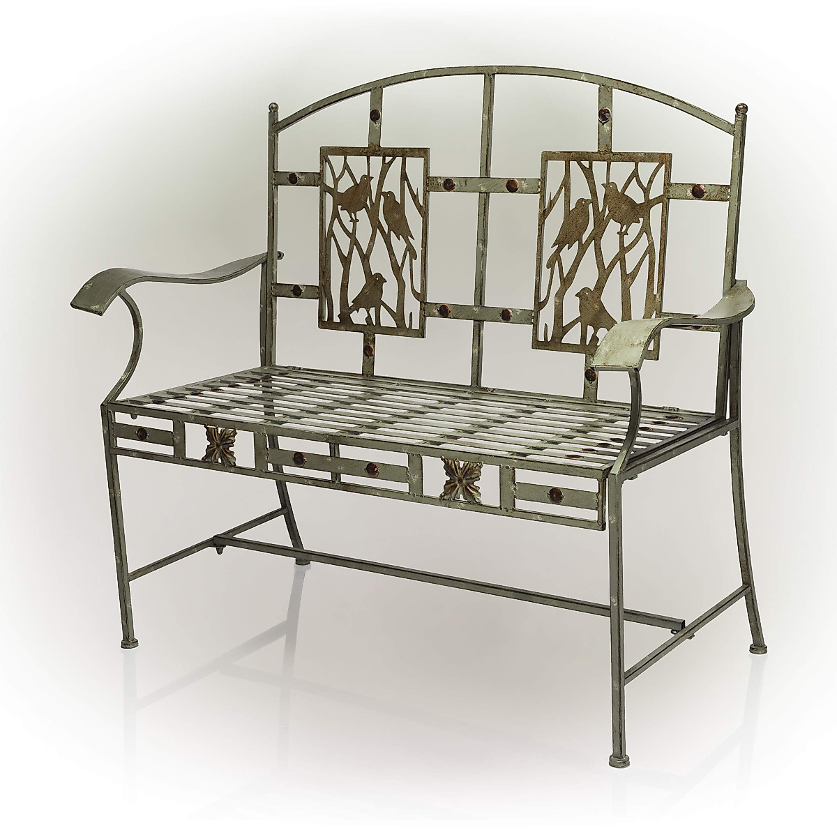 Alpine Corporation 45" x 22" Outdoor 2 Person Metal Garden Bench with Bird Design, White