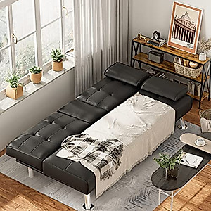 YESHOMY Convertible Folding Futon Sofa Bed Sleeper Couch for Living Room Faux Leather Upholstered Loveseat w/Removable Armrests, Metal Legs, 2 Cup Holders, Dark Black