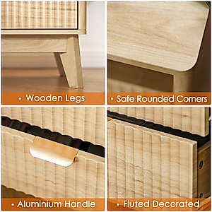 Fluted Nightstand with Charging Station, 19.7 inch Wide End Table with 2 Drawers, Modern Wood Bedside Table for Bedroom, Natural