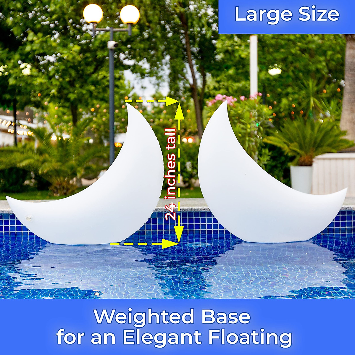 TIALLY Floating Pool Lights Solar Powered - 24" Crescent Moon Floating Lights - Inflatable Floating Solar Pool Lights for Swimming Pool, LED Pool Lights for Weddings, Pool Party Decor (2 Pack)