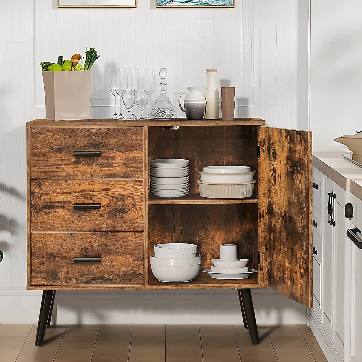 Iwell Modern TV Stand and Storage Cabinet Set, Bathroom Cabinet, Sideboard, Free Standing Cupboard, Entryway Cabinet for Living Room, Retro Home Media