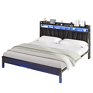 Albott Full Size LED Bed Frame with Linen Upholstered Headboard, Platform Bed with 2-Tier Storage Headboard & Charging Station, Heavy Duty Metal Slats, No Box Spring Needed, Black