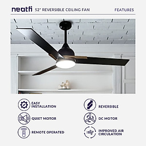 Neatfi 52-Inch Ceiling Fans with Lights & Remote Control, 6 Speed, 3 Reversible Wood Blades Downrod Ceiling Fan with 3 Light Colors for Bedroom, Living Room & Patio (Black, 52 Inches)