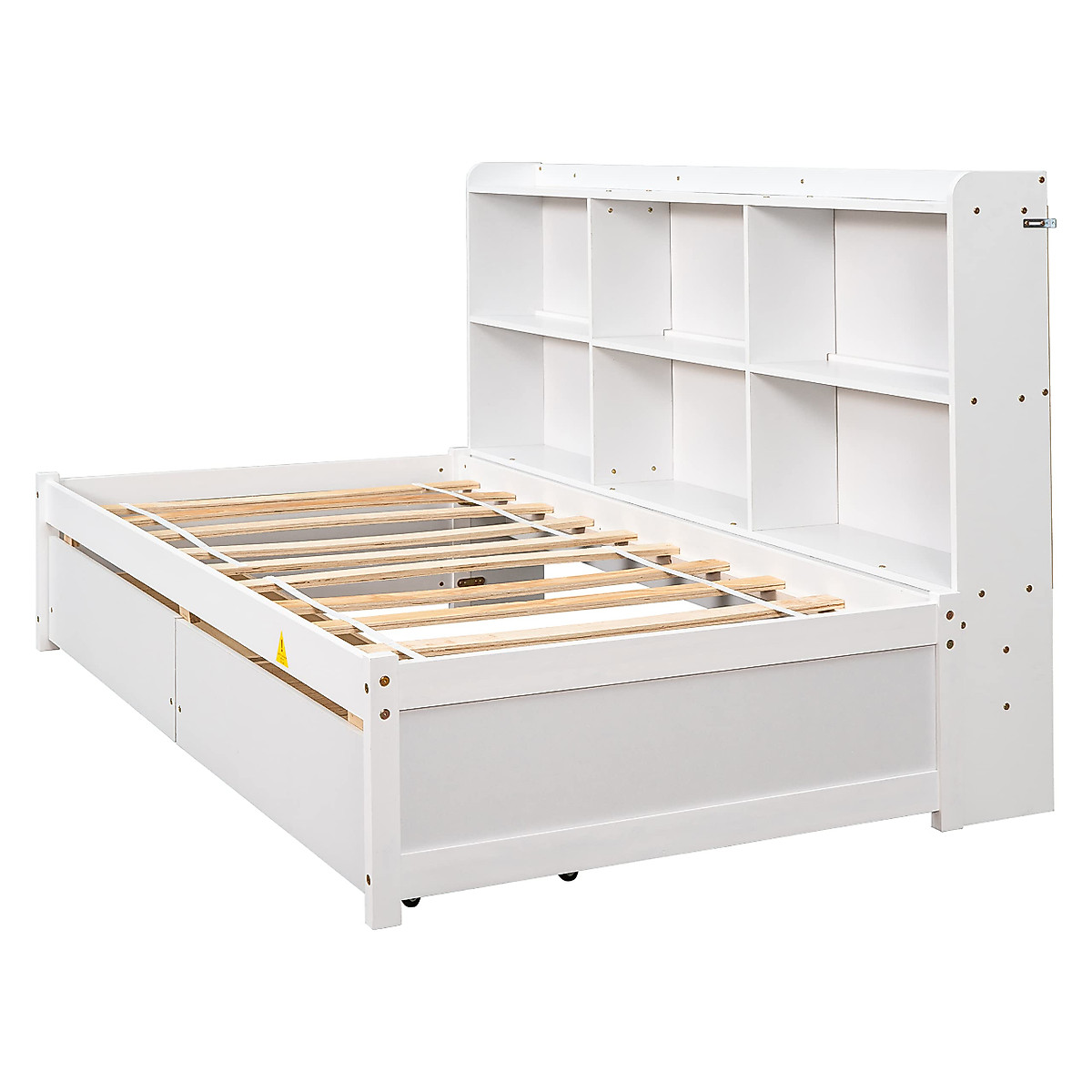 Twin Bed with Storage Bookcase and Drawers Wood Platform Bed with Sideboard Twin Size Daybed Frame for Youths Teens Boys Girls Kids, White