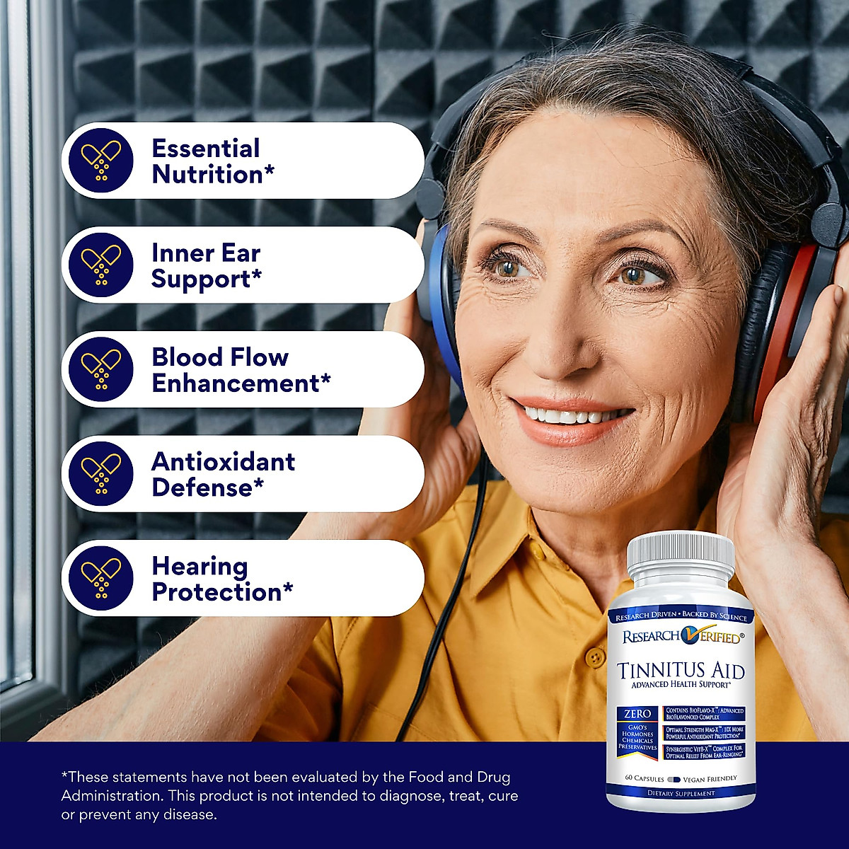 Research Verified Tinnitus Aid - Lessen Internal Ringing - Ginkgo Biloba, Vitamin C, Full Spectrum B Complex Blend, Magnesium - 60 Capsules - Vegan - Made in The USA
