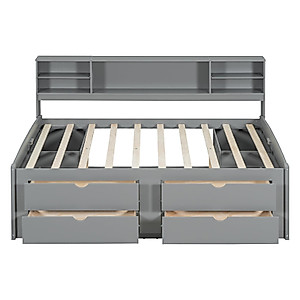 DNChuan Full Size Daybed with Storage Drawers and Bookshelf Headboard,Captains Bed and Underneath 2 Cabinets for Kids Boys Adults Girls,Gray
