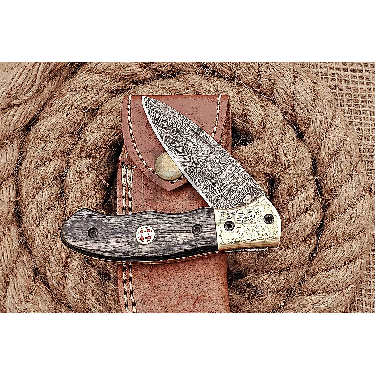 HUNTEX Custom Handmade Hand-Forged Twist Pattern Damascus Steel 4 Inch Long Pakka Wood Handle Razor Sharp Hunting Camping Folding Pocket Drop Point Knife with Genuine Leather Pouch