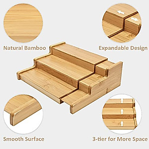 ROSOS Spice Rack Organizer for Cabinet 2 Pack, Bamboo Spice Rack Organizer for Countertop Expandable from 8.7-15inch, 3-Tier Durable Spice Organizer for Cabinet, Natural