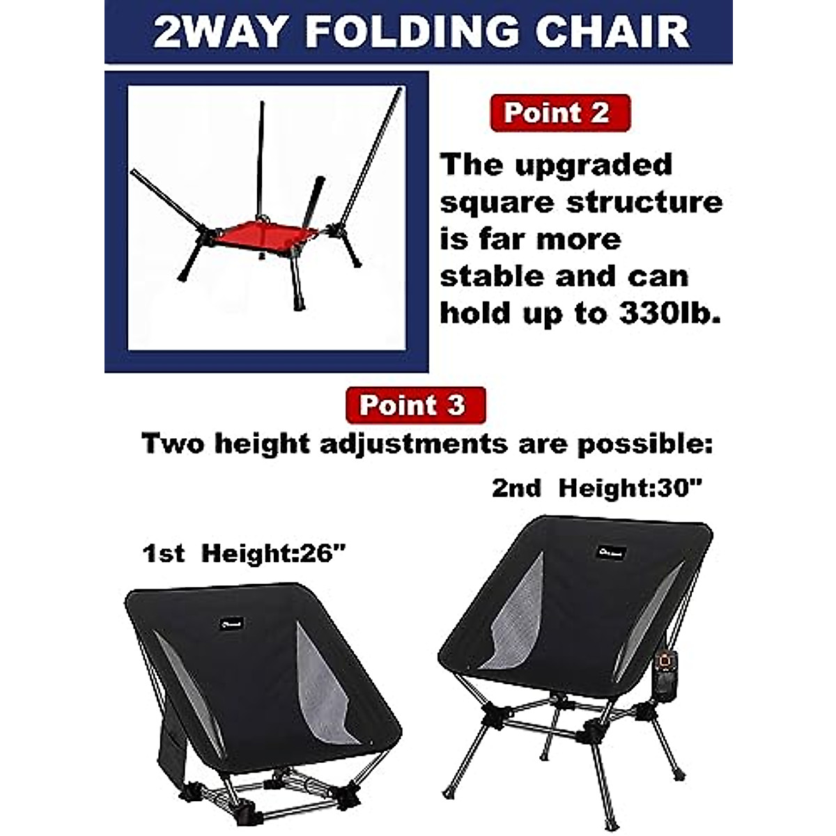 DRAXDOG Camping Chair, 2 Way Compact Backpacking Chair, Portable Folding Chair, Beach Chair with Side Pocket, Lightweight Hiking Chair Low Back Chair 002 (Black Set)