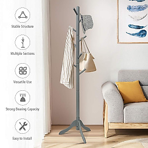 Tangkula Wooden Tree Coat Rack Freestanding, Entryway Coat Stand with 8 Hooks, Height Adjustable Coat Tree, Coat Hanger Stand for Home Office Hall Entryway