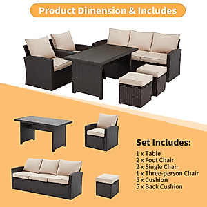 HOMREST 6 Pieces Patio Furniture Sets Clearance, Patio Dining Sofa Set Outdoor Sectional Sofa Conversation Set All Weather Wicker Rattan Couch Dining Table & Chair (Beige)