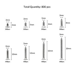 Silver M2 Nickel-Plated Carbon Steel Flat Head Self Tapping Screws (800pcs/Set), Assortment Drilling Screws with Storage Case, 4mm 5mm 6mm 8mm 10mm 12mm 16mm 20mm