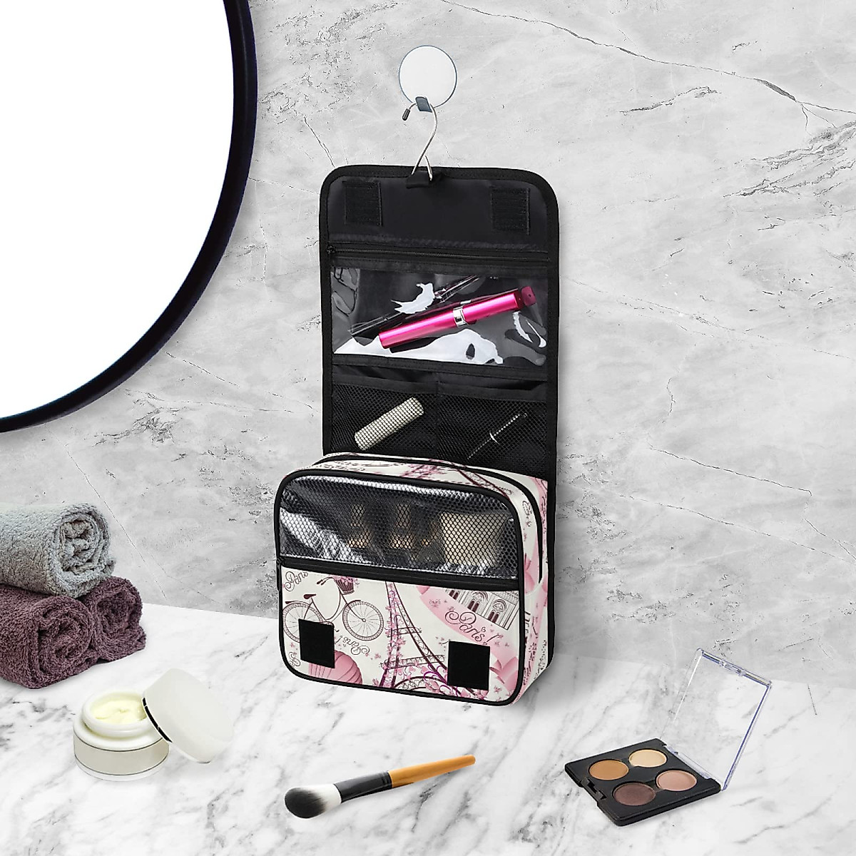AUUXVA Hanging Toiletry Bag for Women, Paris Eiffel Tower Makeup Bag, Floral Flower Cosmetic Bag, Travel Essentials for Women Men