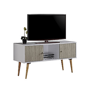 Hodedah Retro Style TV Stand with Two Storage Doors, and Solid Wood Legs, White