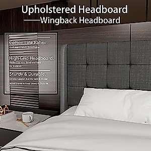 Nathaniel Home Bed Frame King Size Platform Bed, Tufted Upholstered Bed with Square Stitched Headboard, King Bed Frame with Wingback, Strong Wooden Slats, Easy Assembly…