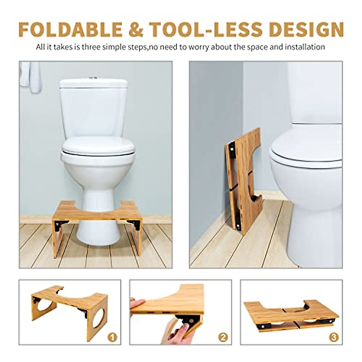 BQYPOWER Toilet Stool, Bamboo 8 Inch Toilet Potty Stool, Foldable Bathroom Poop Stool with Non-Slip Mat for Adults Children…