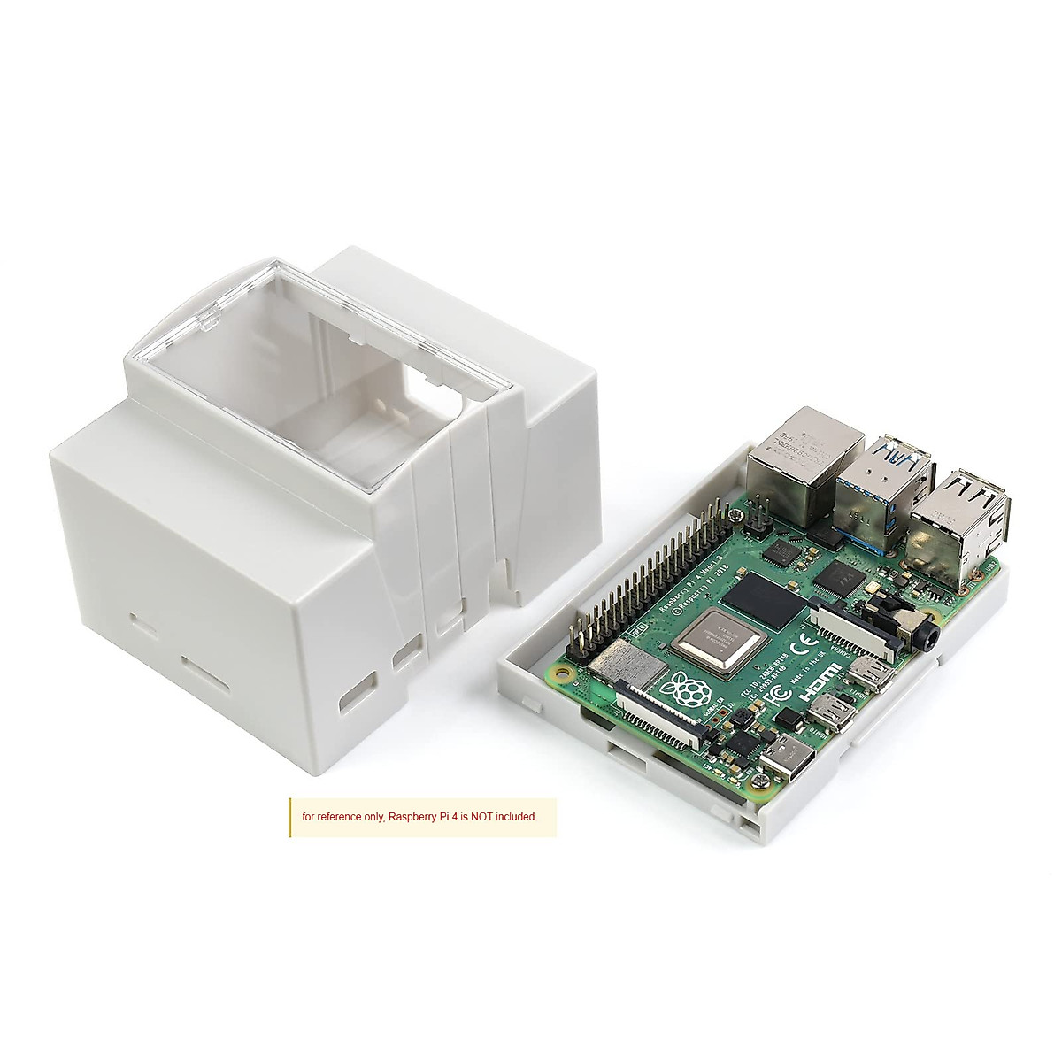 DIN Rail Case for Raspberry Pi 4, DIN Rail Mount Support, ABS Material, Clear Top Window, Large Inner Space Allows Accommodating an Extra Add-on Such as PoE HAT (D), RS485 CAN HAT etc. Easy to Use