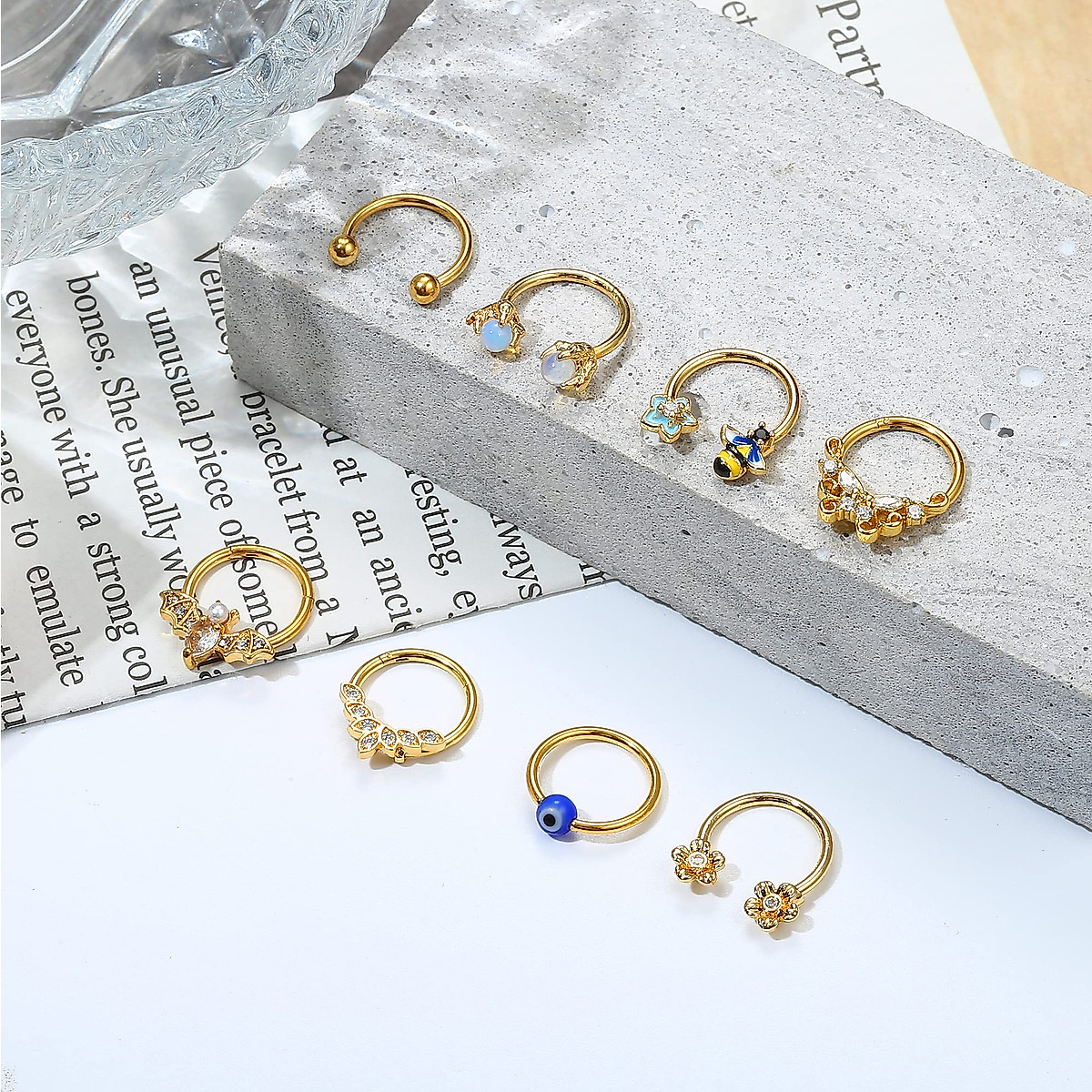 JOERICA 16G Septum Jewelry for Women Stainless Steel Horseshoe Septum Rings Cute Bee Flower Butterfly Claw Evil Eye Bead Rings Cartilage Earrings Hoop Helix Rook Daith Septum Piercing Jewelry 8/10MM