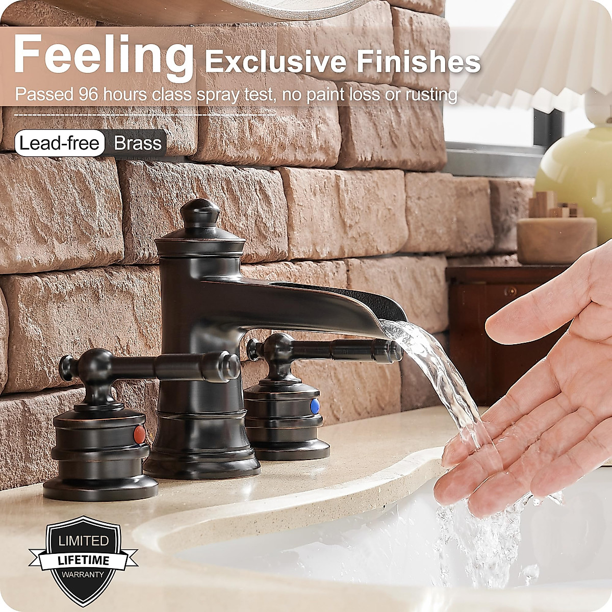 HOIGY Oil Rubbed Bronze Bathroom Faucet, Brass Waterfall Faucet Widespread Bathroom Sink Faucet 3 Hole, 4-16 Inch Bathroom Faucets with Pop Up Drain 2 Handle & Supply Hose for Hotel Farmhouse Antique