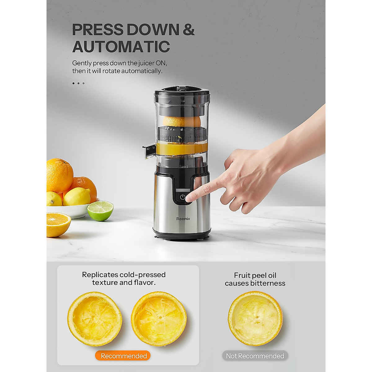 Electric Citrus Juicer, Reemix Lemon Squeezer with Brushed Stainless Steel Body, Fully Automatic One-click Operation Orange Squeezer, Black+Silver