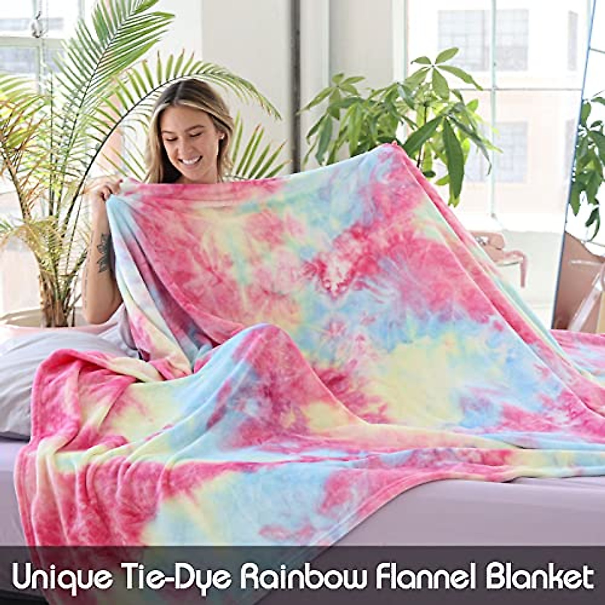 Ailemei Direct Rainbow Tie Dye Throw Blanket for Girls, Soft Cute Funny Decorative Throw, Fuzzy Pastel Plush Blankets for Teen Girl Adults Kid's Gift