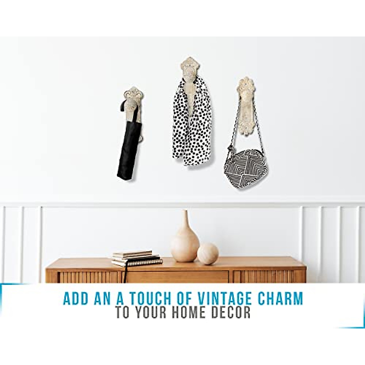 Shabby Chic Cast Iron Decorative Wall Mounted Hooks - Rustic White - Door Knob Coat Hooks for Wall - Set of 3 - Screws and Anchors Included - Antique Wall Hooks for Hanging Clothes